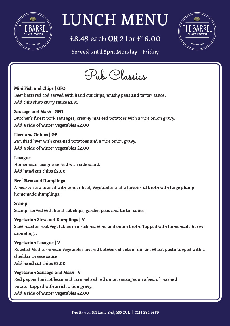 Lunch menu – The Barrel Chapeltown