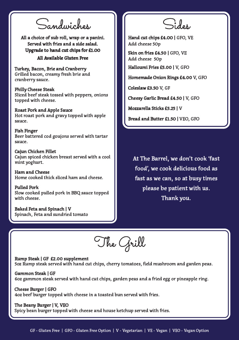 Lunch menu – The Barrel Chapeltown